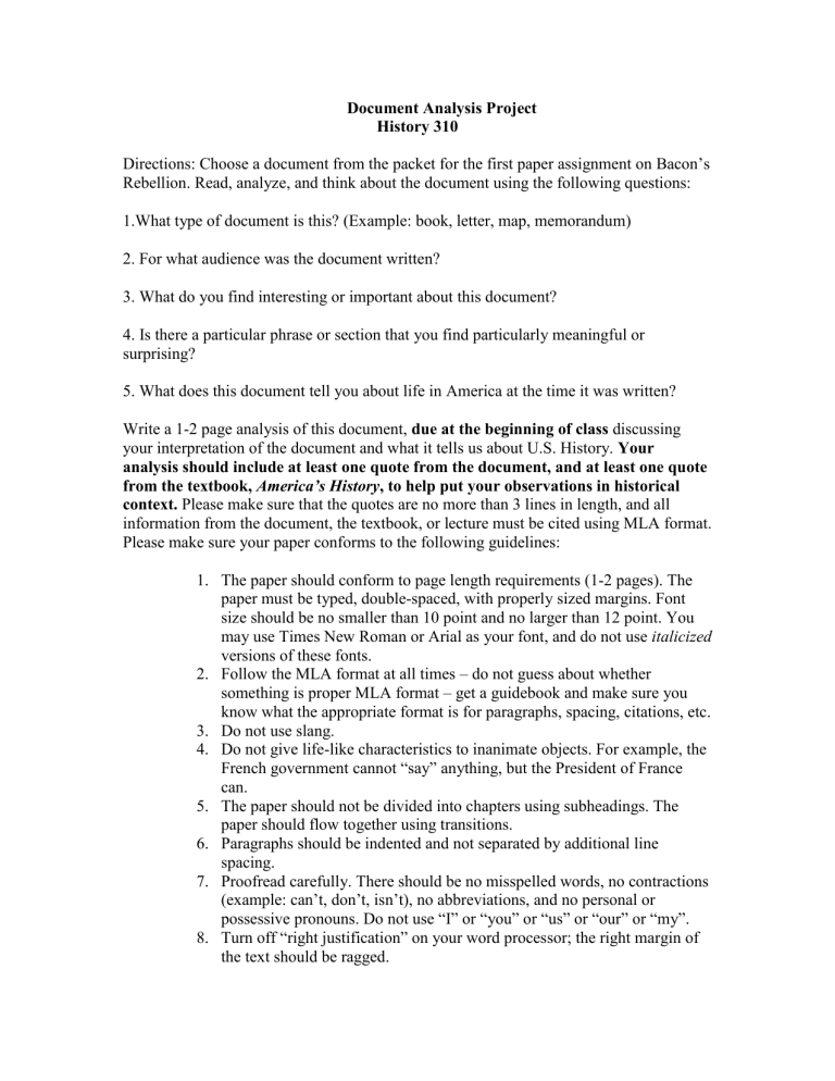 Bacon's Rebellion Document Analysis Assignment