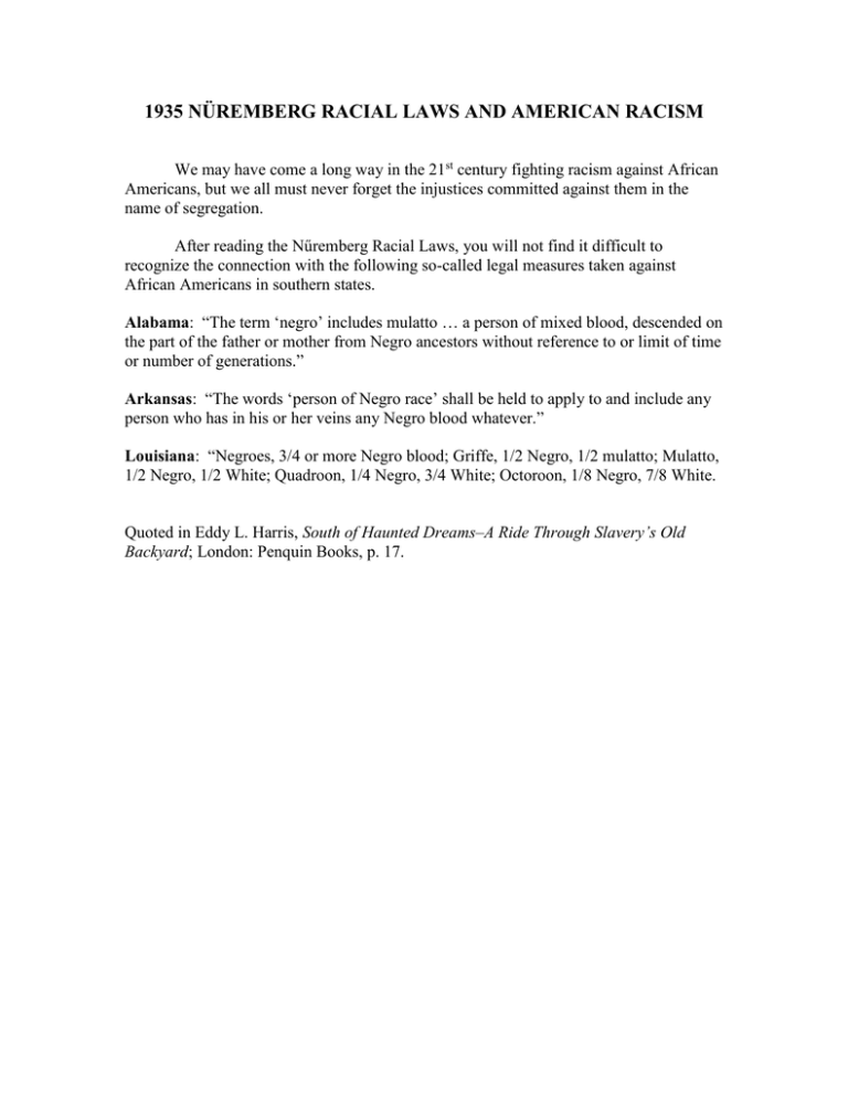 1935 NÜREMBERG RACIAL LAWS AND AMERICAN RACISM