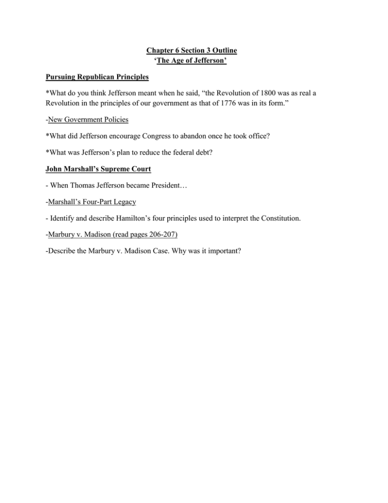 The Age of Jefferson: Chapter 6 Section 3 Outline