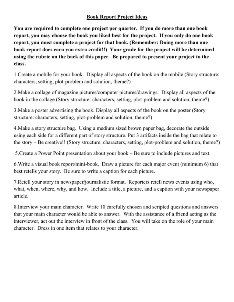 5th Grade Book Report Project Ideas & Rubric
