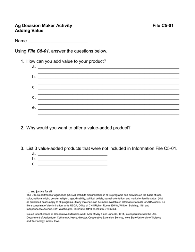 Ag Decision Maker Activity File C5-01 Adding Value