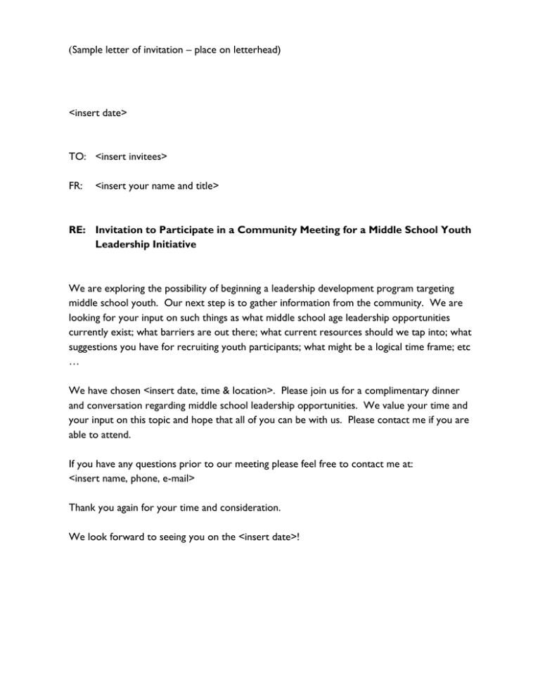 Middle School Youth Leadership Initiative Community Meeting Invitation
