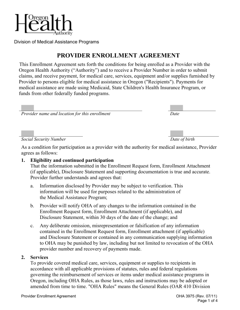 PROVIDER ENROLLMENT AGREEMENT