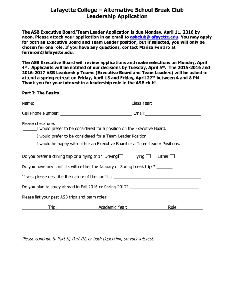 Lafayette College – Alternative School Break Club Leadership Application