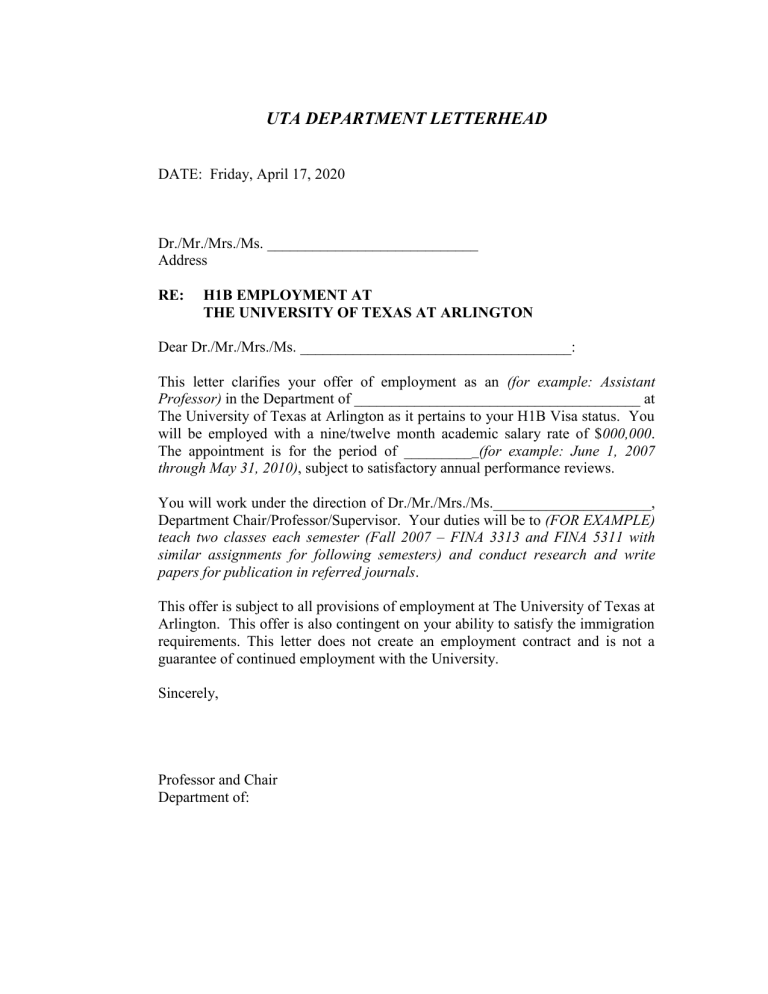 UTA DEPARTMENT LETTERHEAD