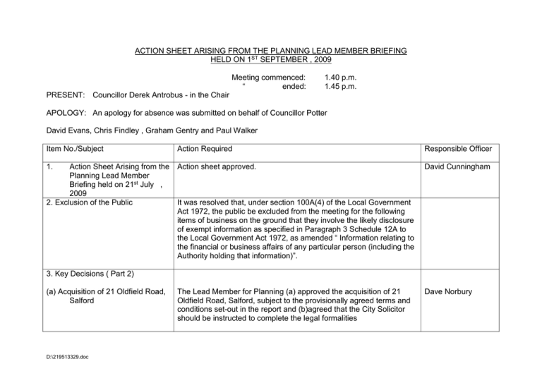 ACTION SHEET ARISING FROM THE PLANNING LEAD MEMBER BRIEFING