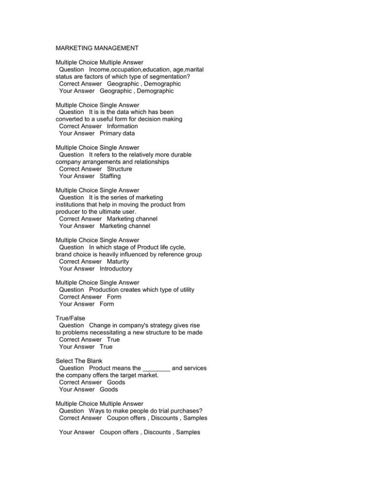 Marketing Management Exam Questions and Answers