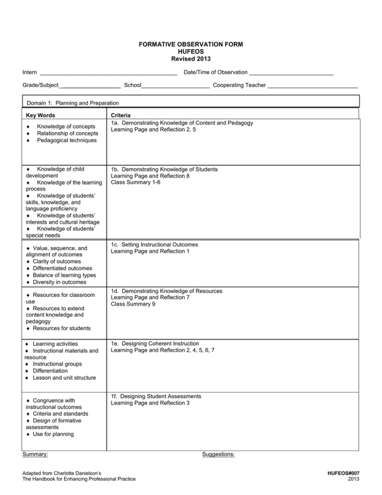 FORMATIVE OBSERVATION FORM HUFEOS Revised 2013