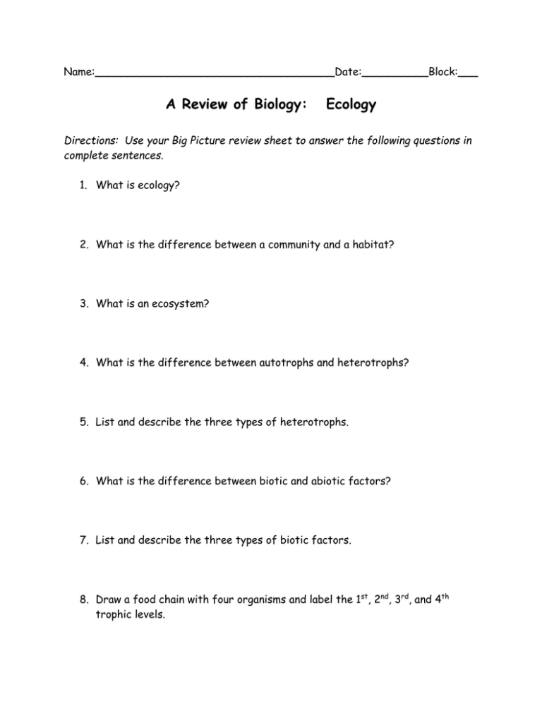 A Review of Biology: Ecology