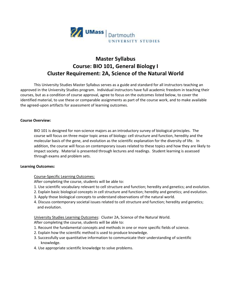 Master Syllabus Course: BIO 101, General Biology I