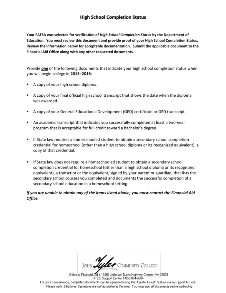 High School Completion Status Verification - FAFSA