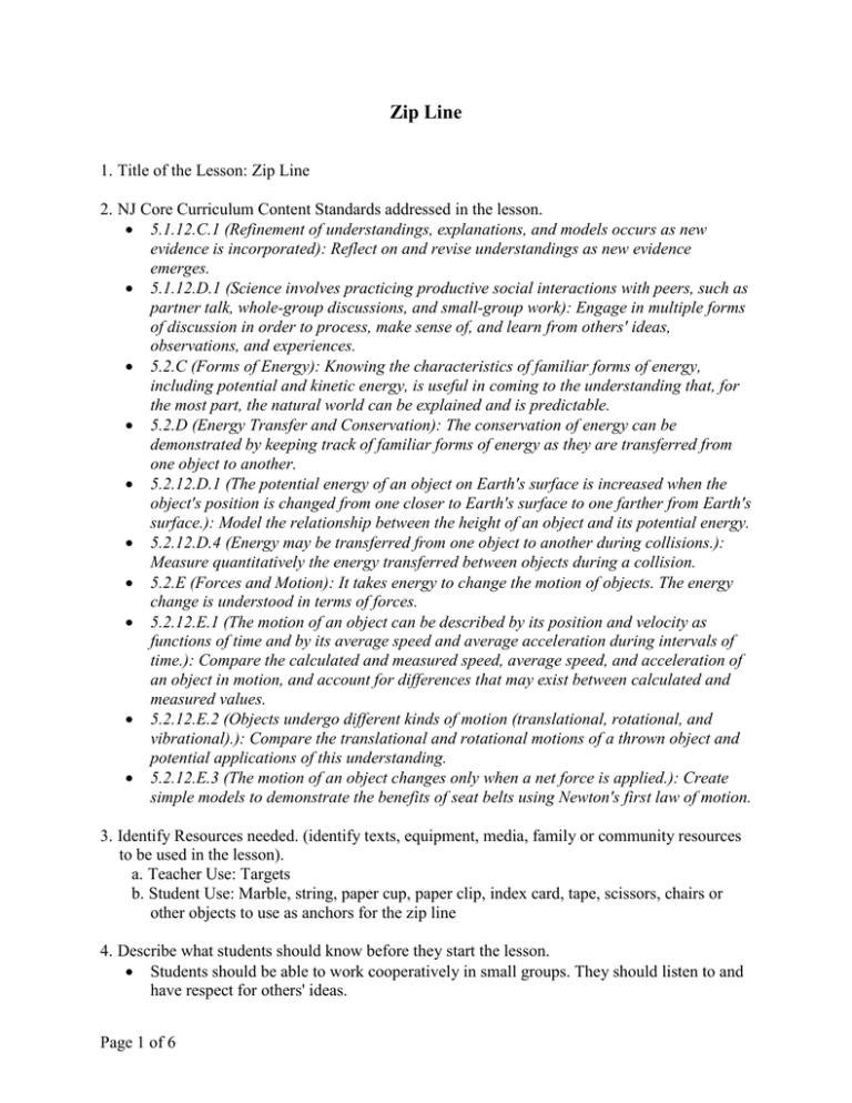 Zip Line Physics Lesson Plan: Engineering Design & Energy