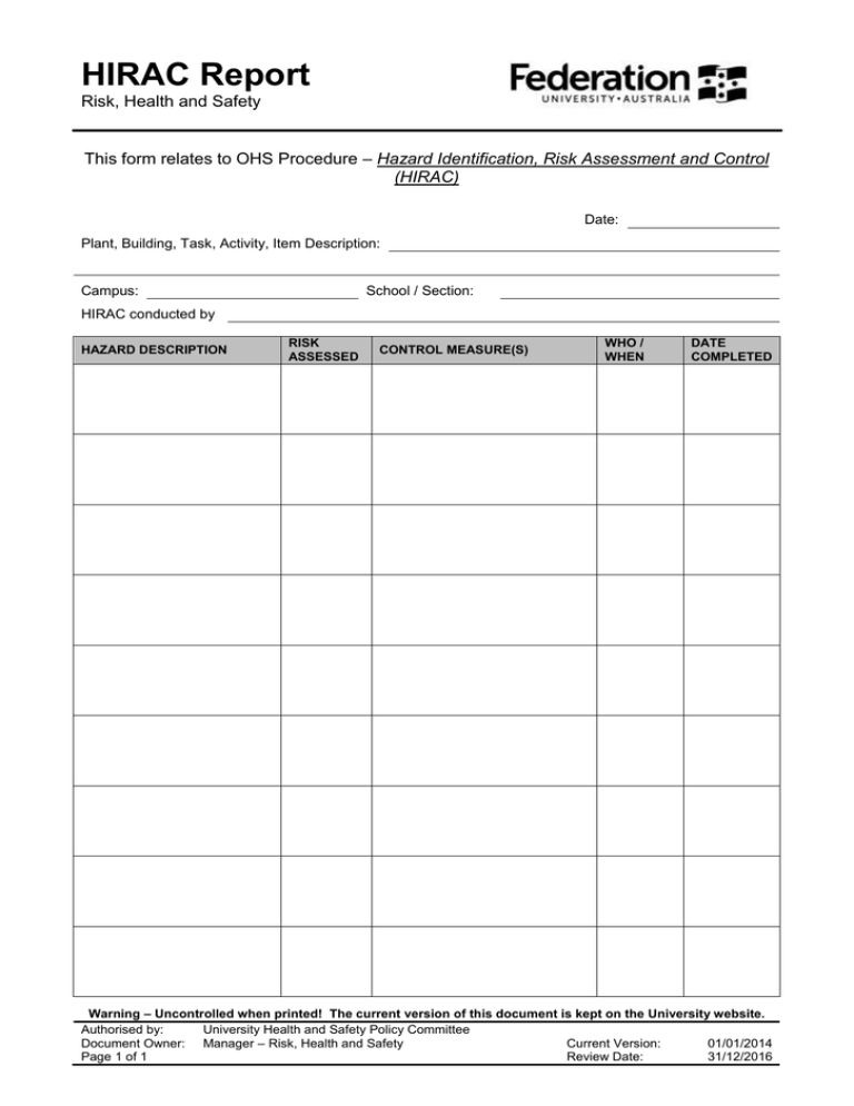 HIRAC Report Form - Risk Assessment & Control