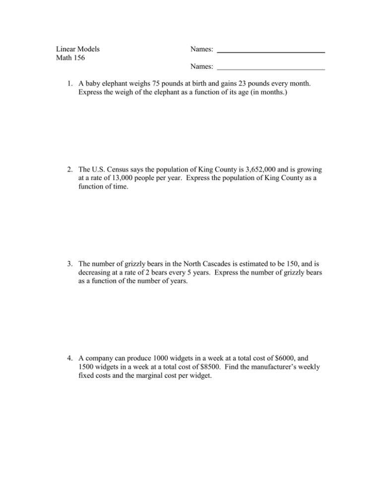 Linear Models Names: Math 156