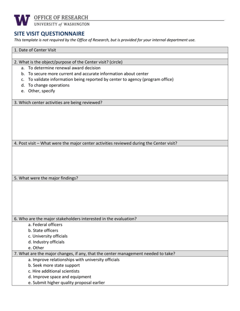 Site Visit Questionnaire - University Research Evaluation