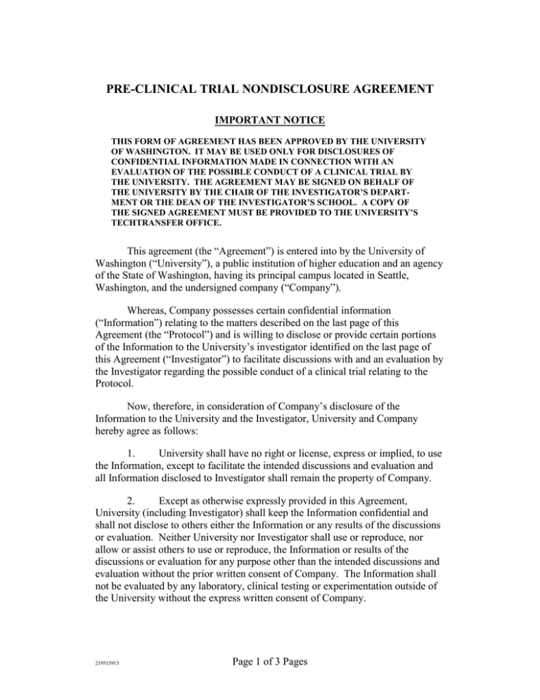 PRE-CLINICAL TRIAL NONDISCLOSURE AGREEMENT IMPORTANT NOTICE