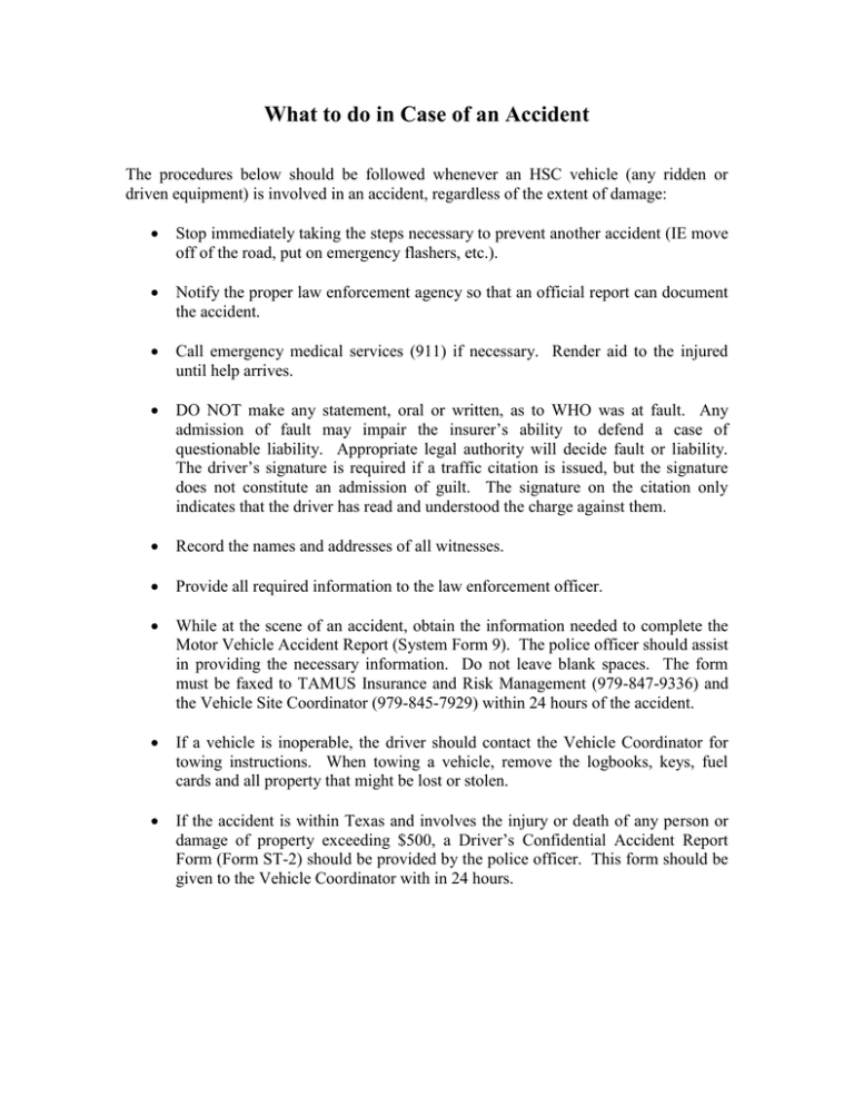 Accident Procedure Guide for HSC Vehicles