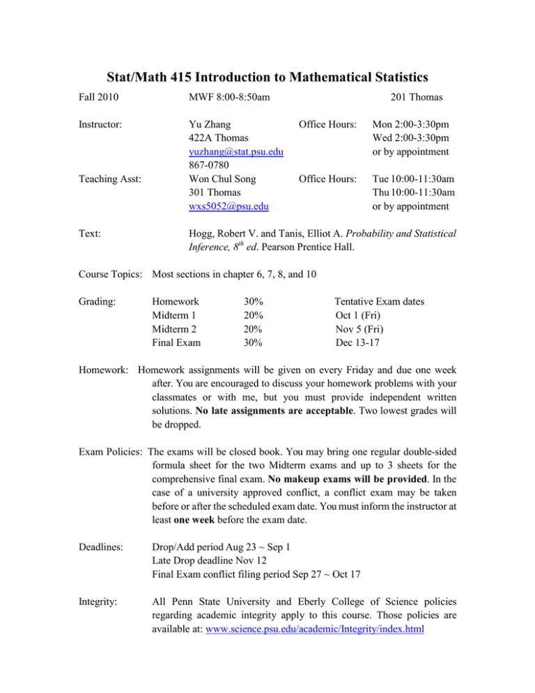 Stat/Math 415 Syllabus - Mathematical Statistics