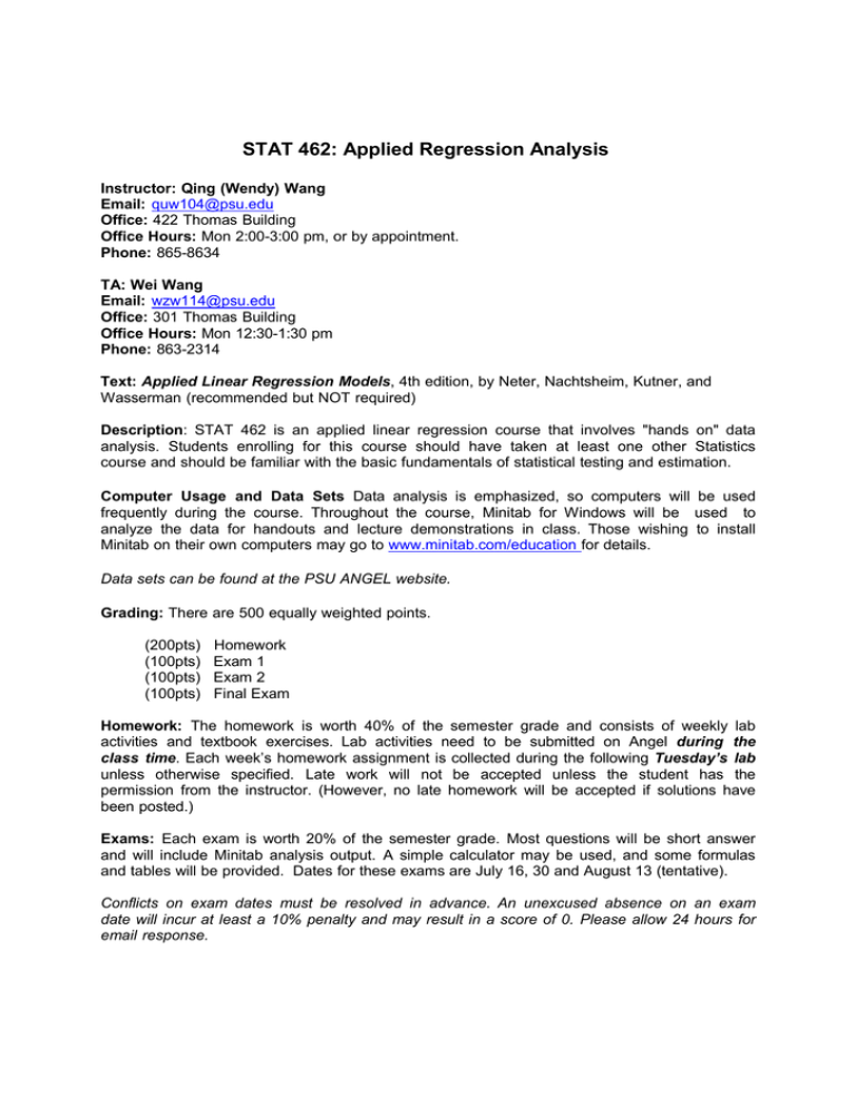 STAT 462: Applied Regression Analysis Course Syllabus