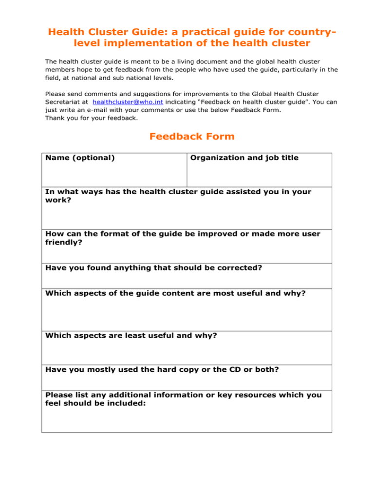 Health Cluster Guide: a practical guide for country-