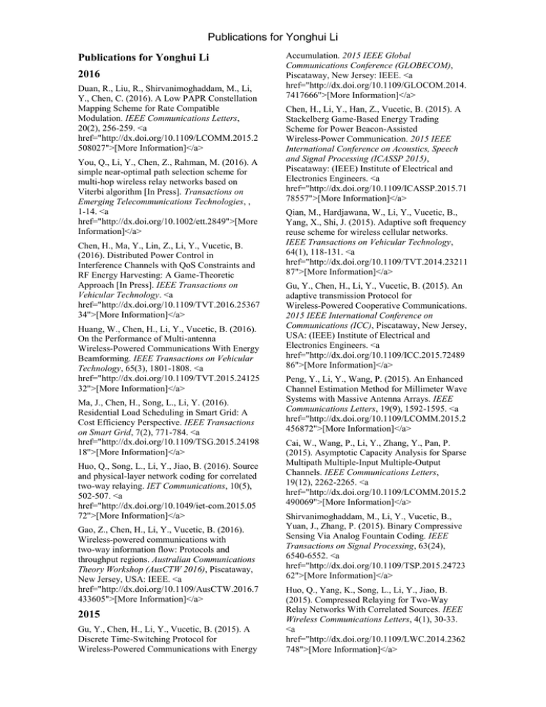 Publications for Yonghui Li 2016
