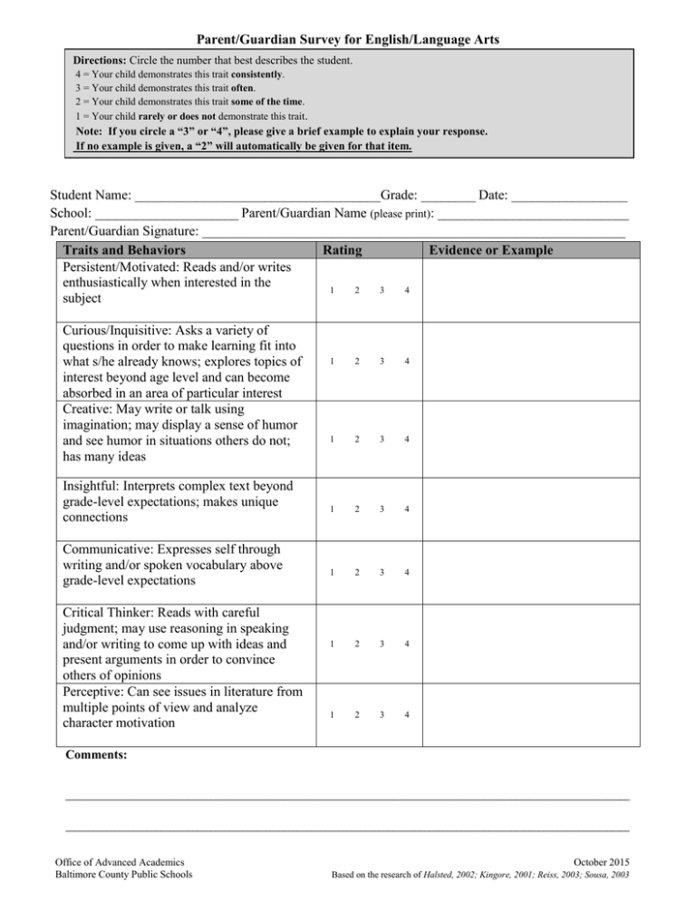 Parent/Guardian Survey for English/Language Arts