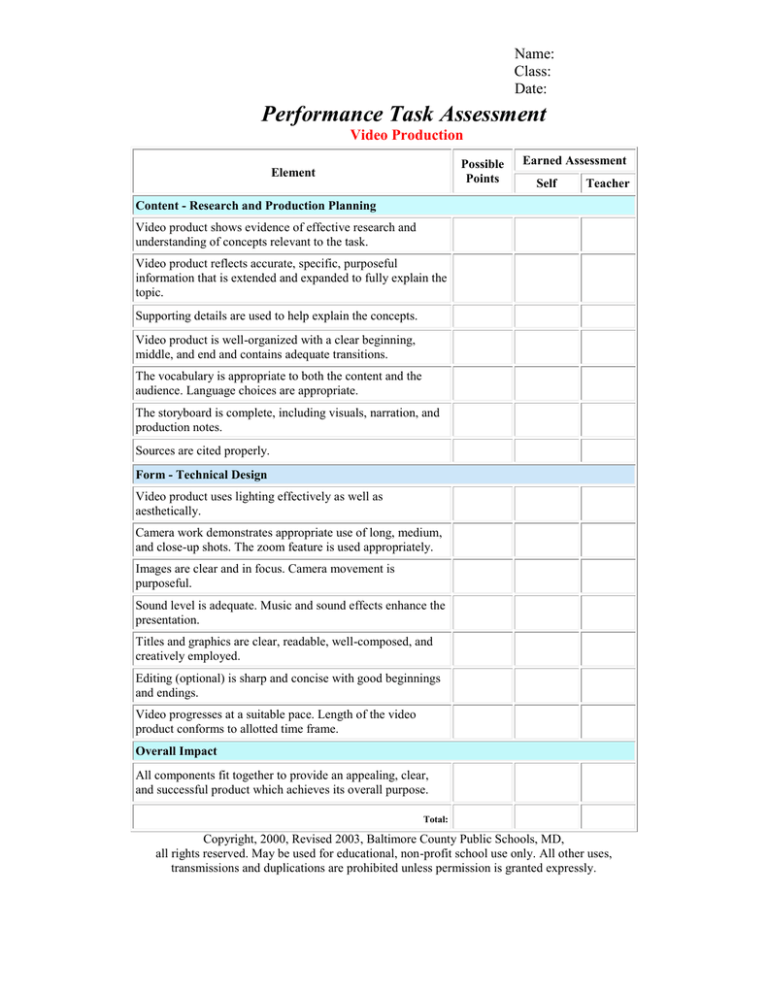 Video Production Assessment Form | Student Evaluation