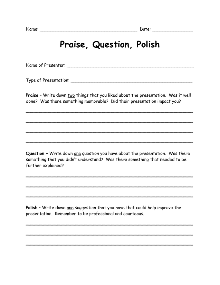 Presentation Feedback Worksheet: Praise, Question, Polish