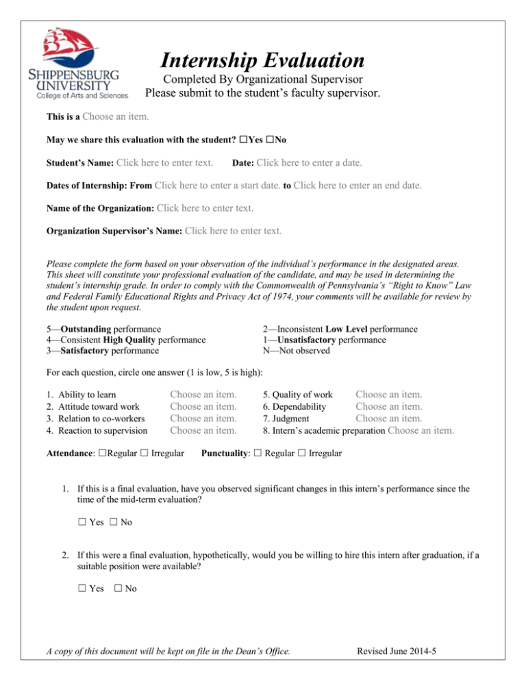 Internship Evaluation Form - Supervisor Assessment