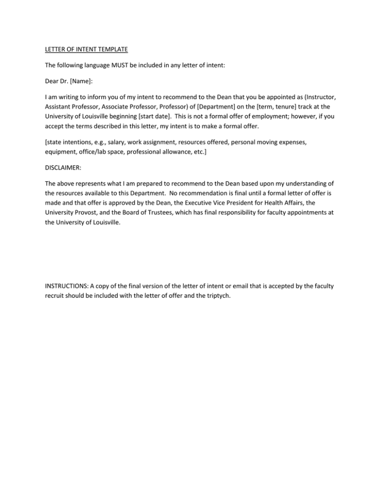 University of Louisville Letter of Intent Template