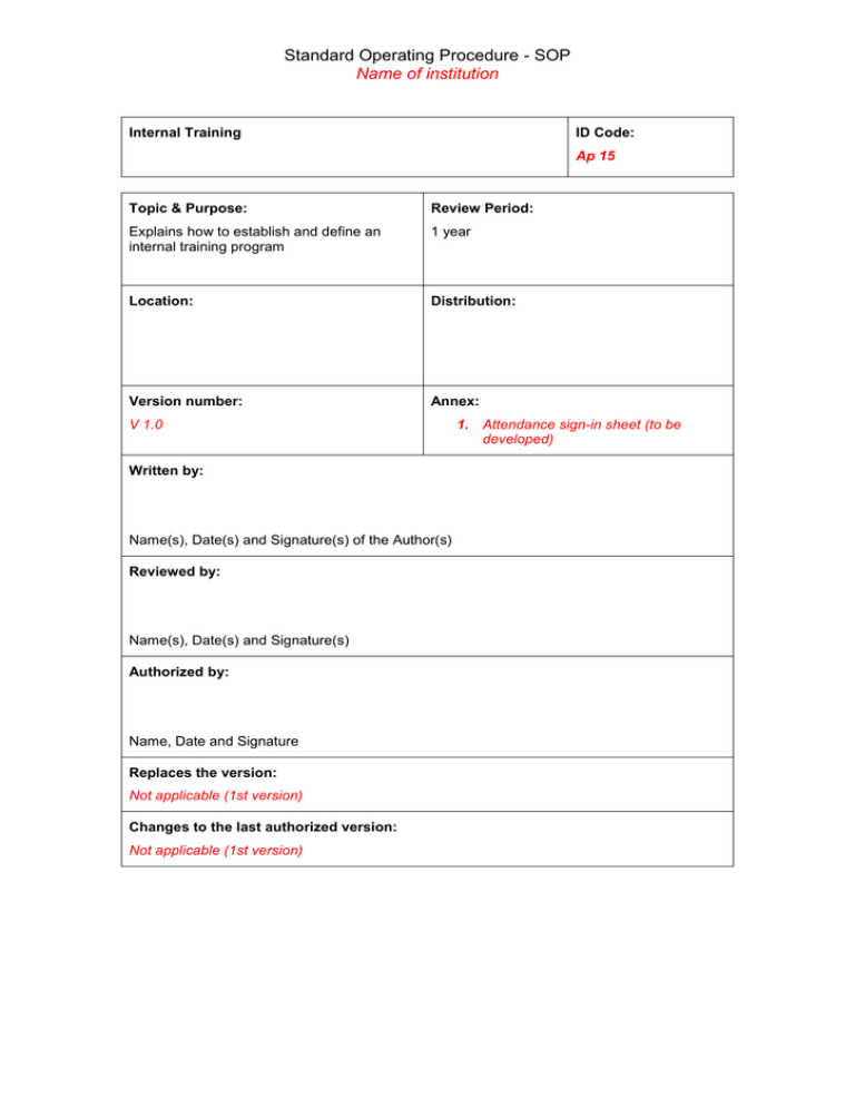 Internal Training SOP: Establish & Define Program