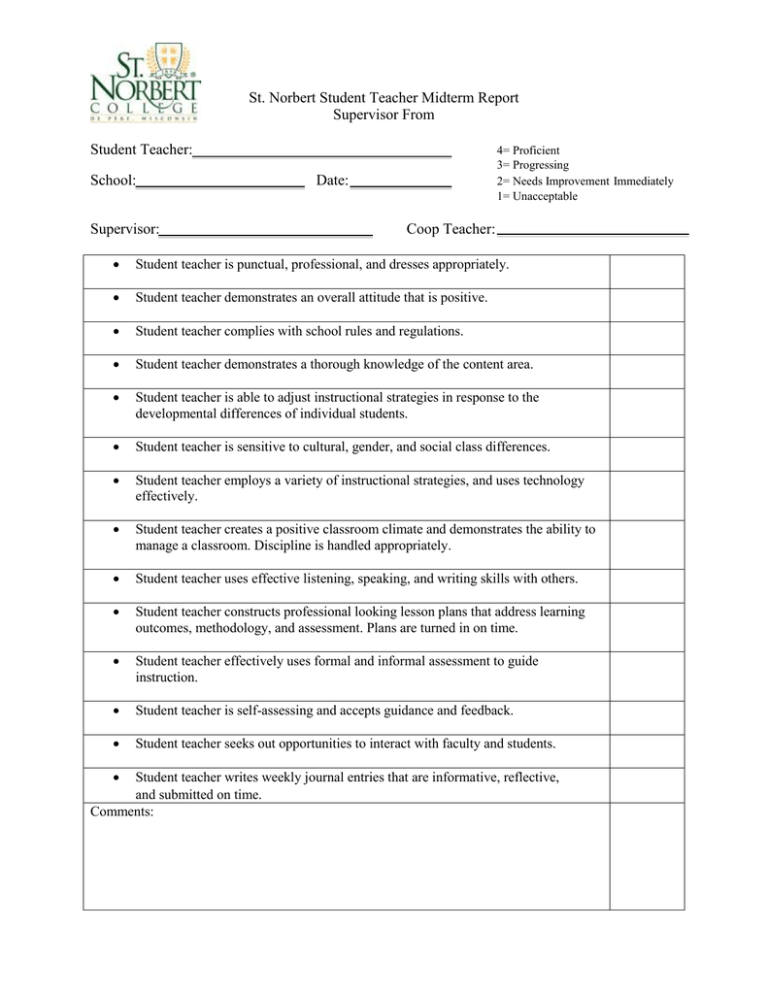 St. Norbert Student Teacher Midterm Report Supervisor From Student Teacher: