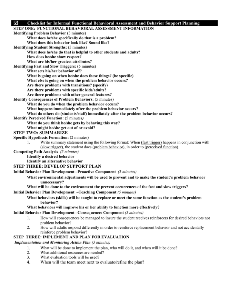 Functional Behavioral Assessment Checklist & Support Plan