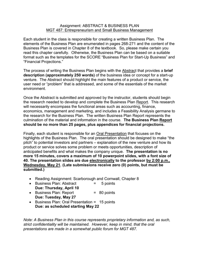 Business Plan Assignment: Entrepreneurism & Management