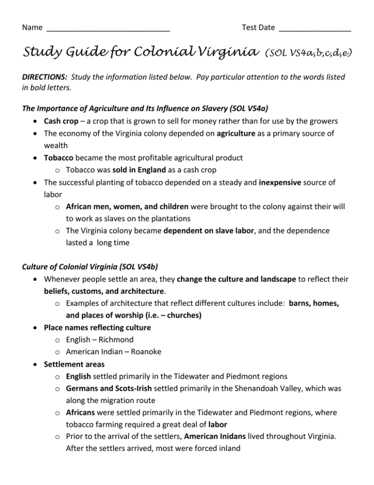 Colonial Virginia Study Guide: SOL VS4a-e
