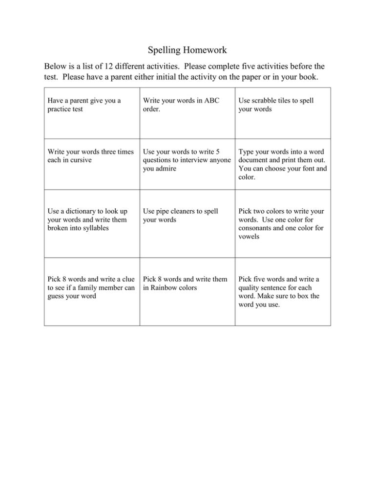 Spelling Homework