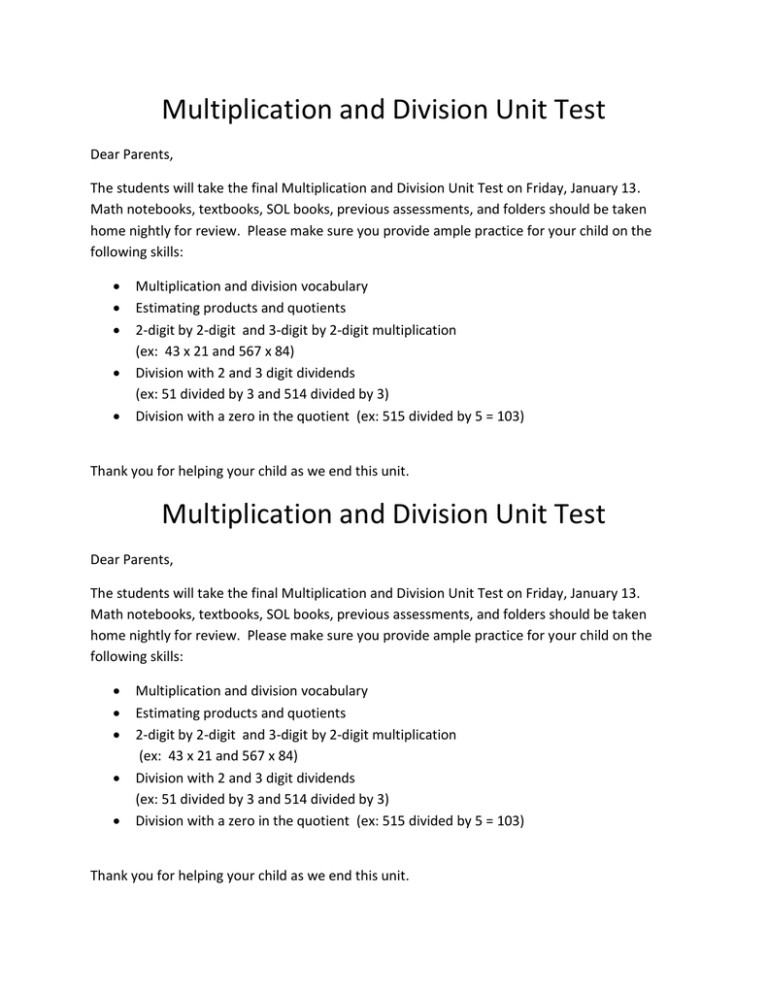 Multiplication & Division Unit Test Parent Letter