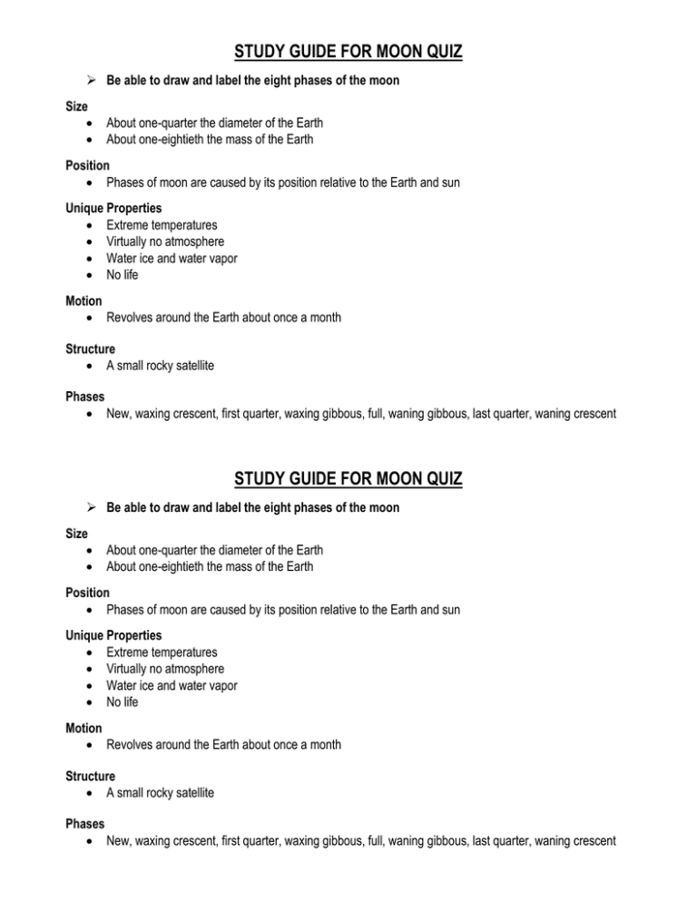 Moon Quiz Study Guide: Phases, Size, Properties & More