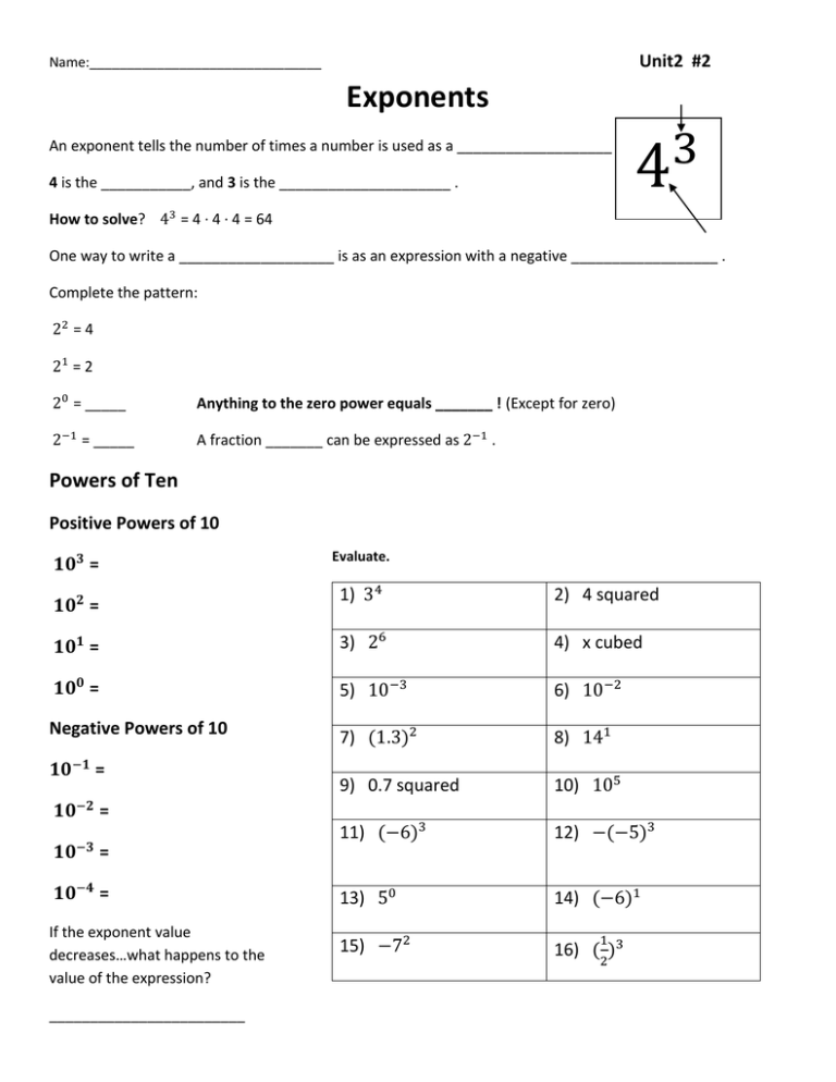 Exponents, Powers of Ten, Scientific Notation Worksheet