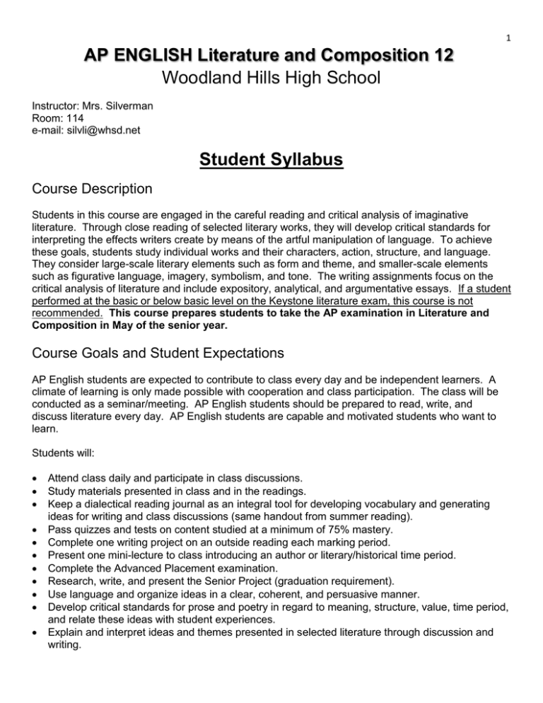 AP English Literature Syllabus - Woodland Hills High School
