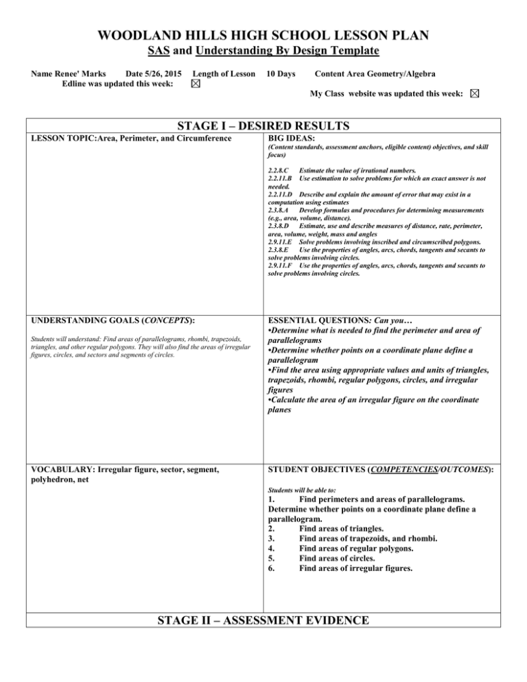Area, Perimeter, Circumference Lesson Plan - High School Geometry