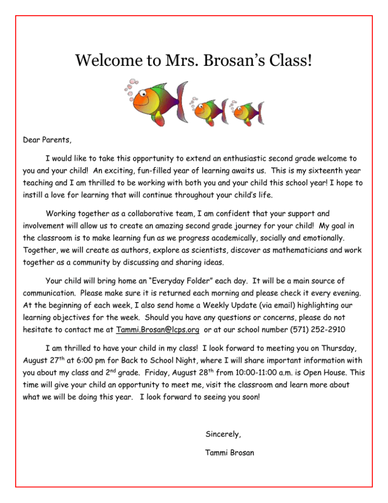 Welcome Letter to 2nd Grade Parents | Mrs. Brosan's Class