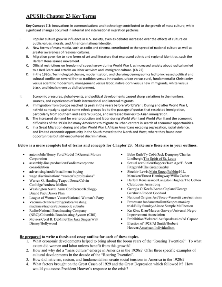 APUSH Chapter 23 Key Terms & Essay Prompts: Roaring Twenties
