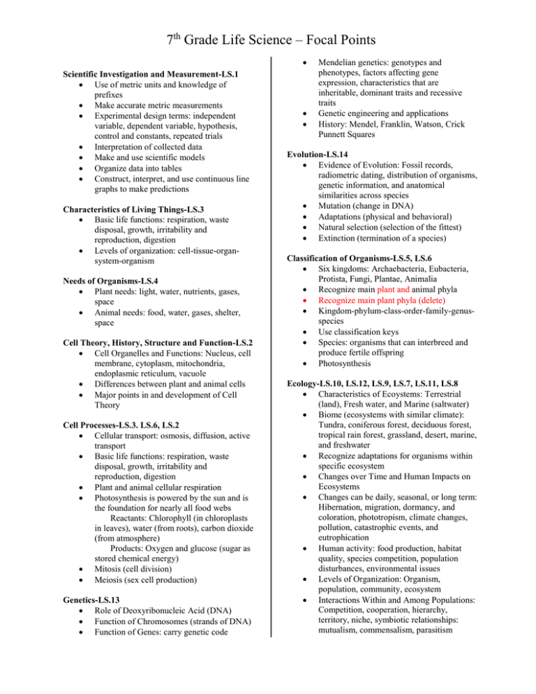 7th Grade Life Science Curriculum Focal Points