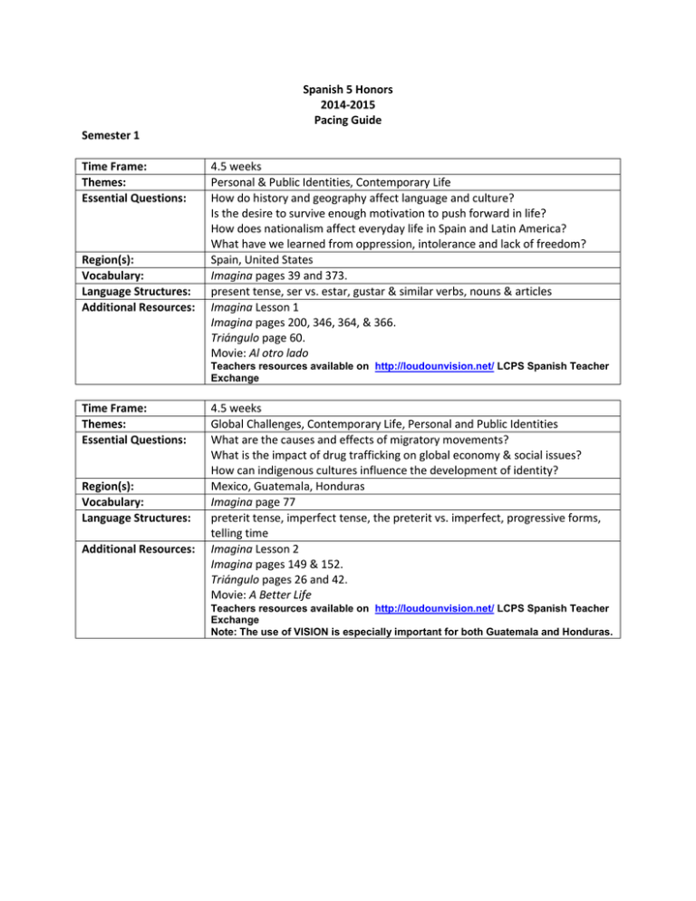 Spanish 5 Honors 2014-2015 Pacing Guide Semester 1