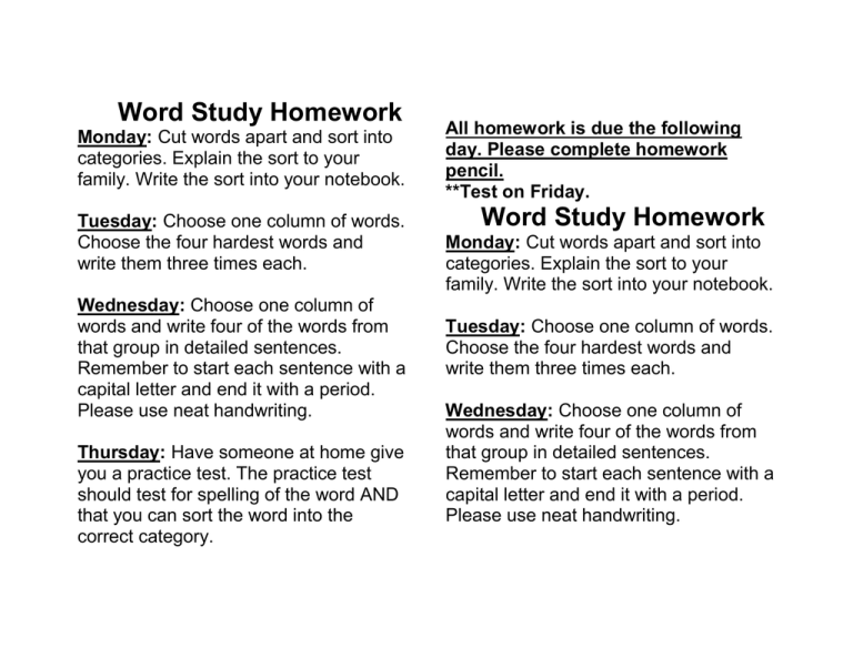 Word Study Homework