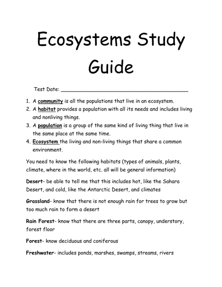 Ecosystems Study Guide: Habitats, Environments, & Resources