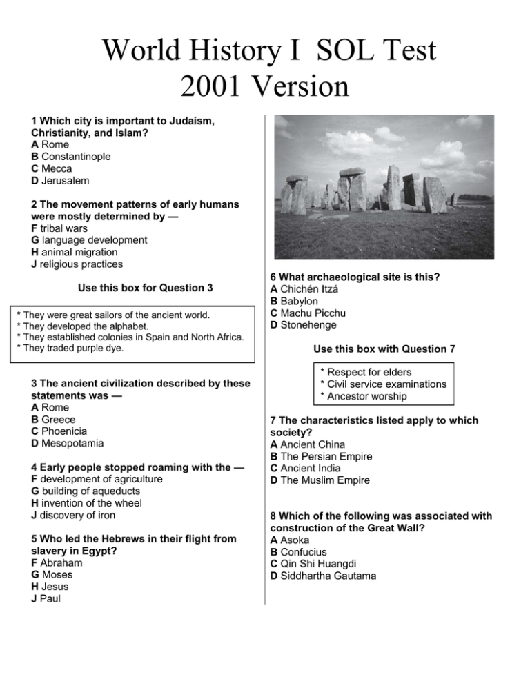 World History I SOL Test 2001 Version