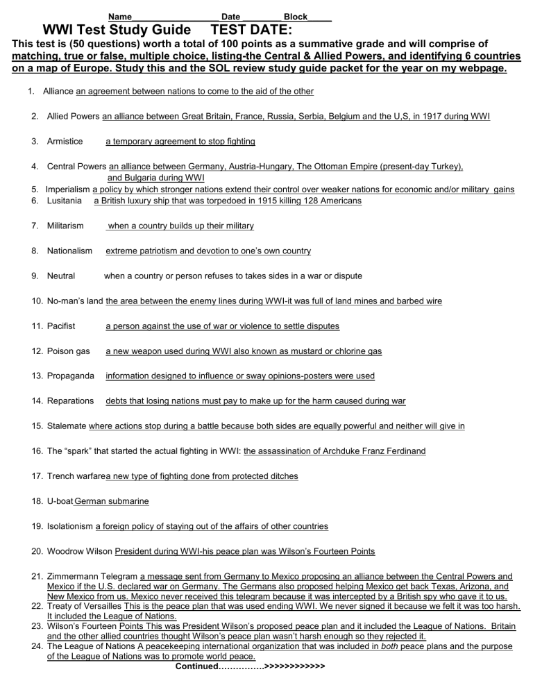 WWI Test Study Guide TEST DATE: