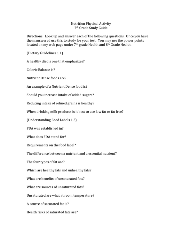 7th Grade Nutrition & Physical Activity Study Guide